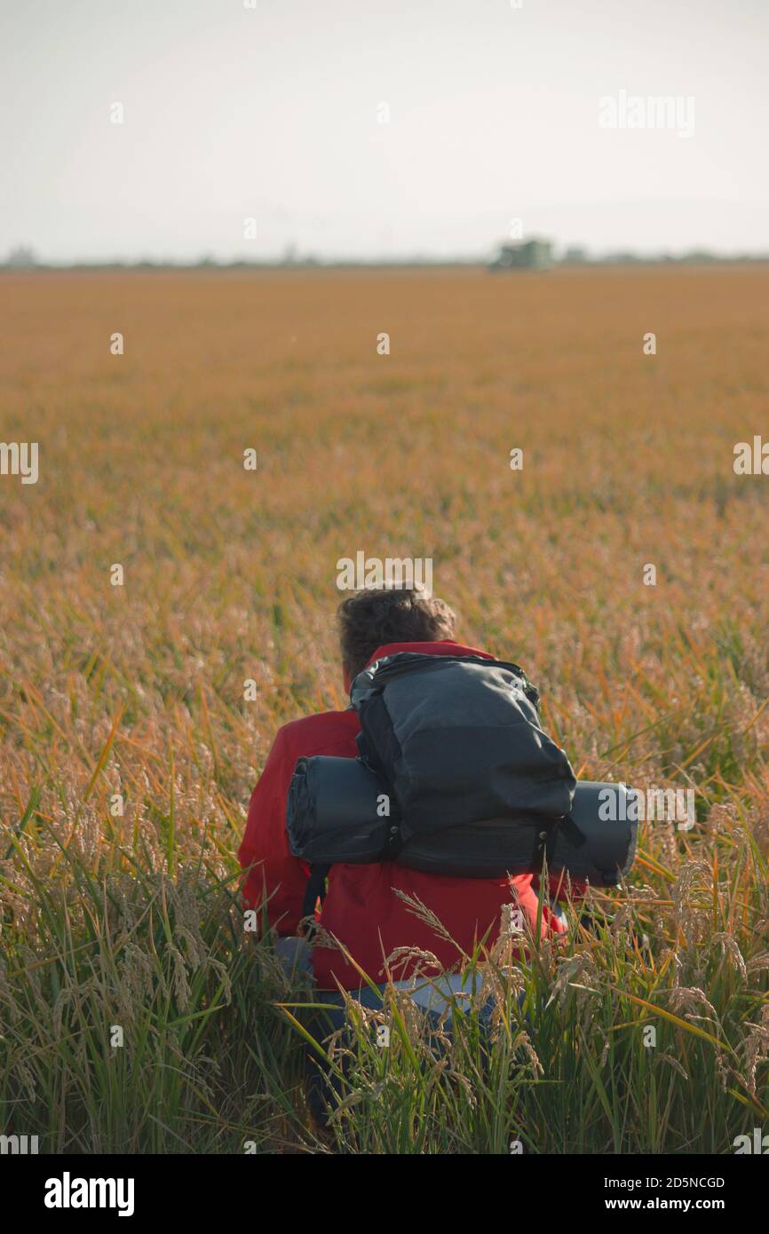 Explorer man on a meadow Stock Photo - Alamy