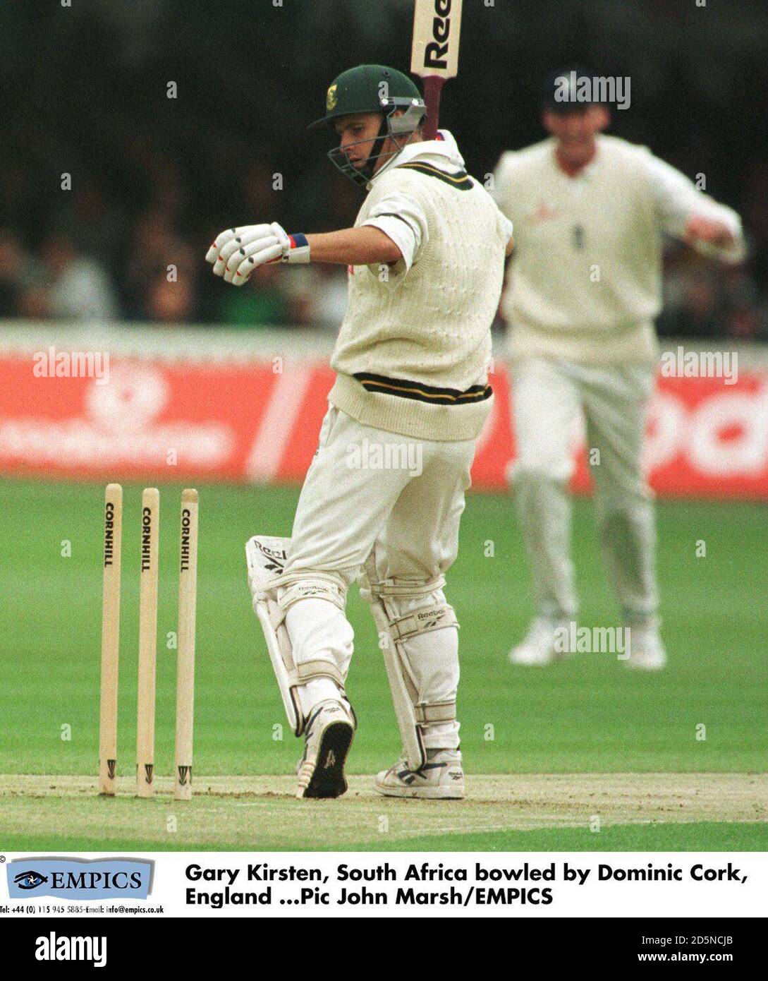 Gary Kirsten of South Africa is clean bowled by Dominic Cork of England ...
