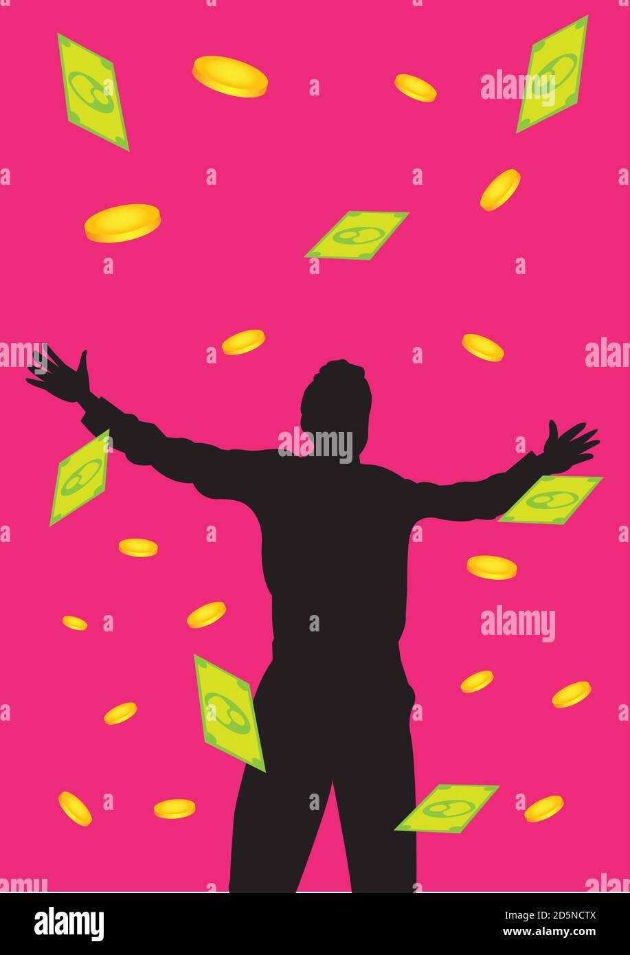 Vector illustration of a man standing with open arms with falling money ...