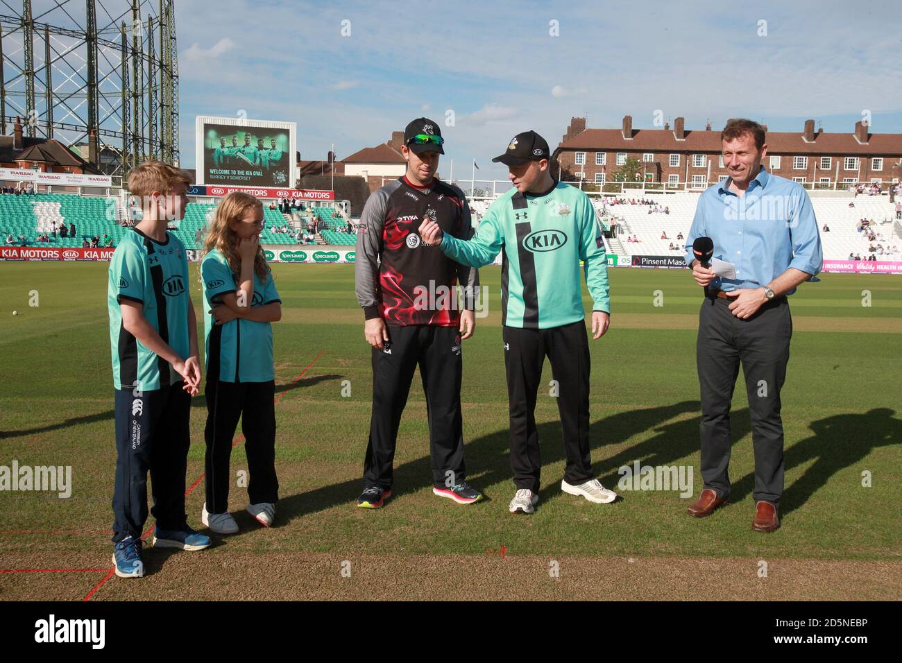 L-R: The match day mascots line up for the coin toss with Somerset ...