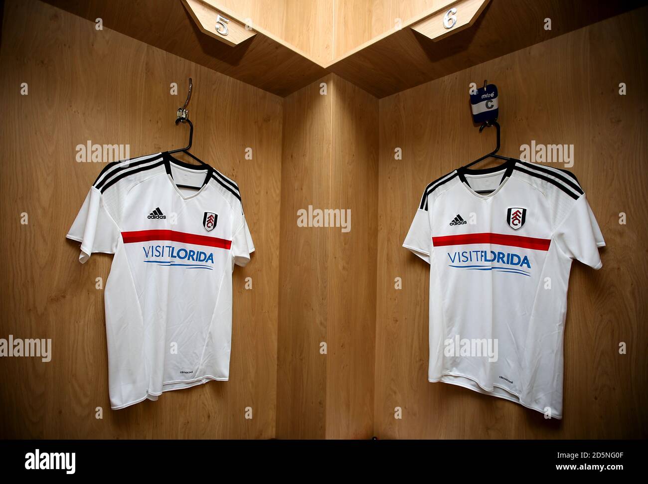 Fulham football shirts hung in the dressing room prior to the match ...