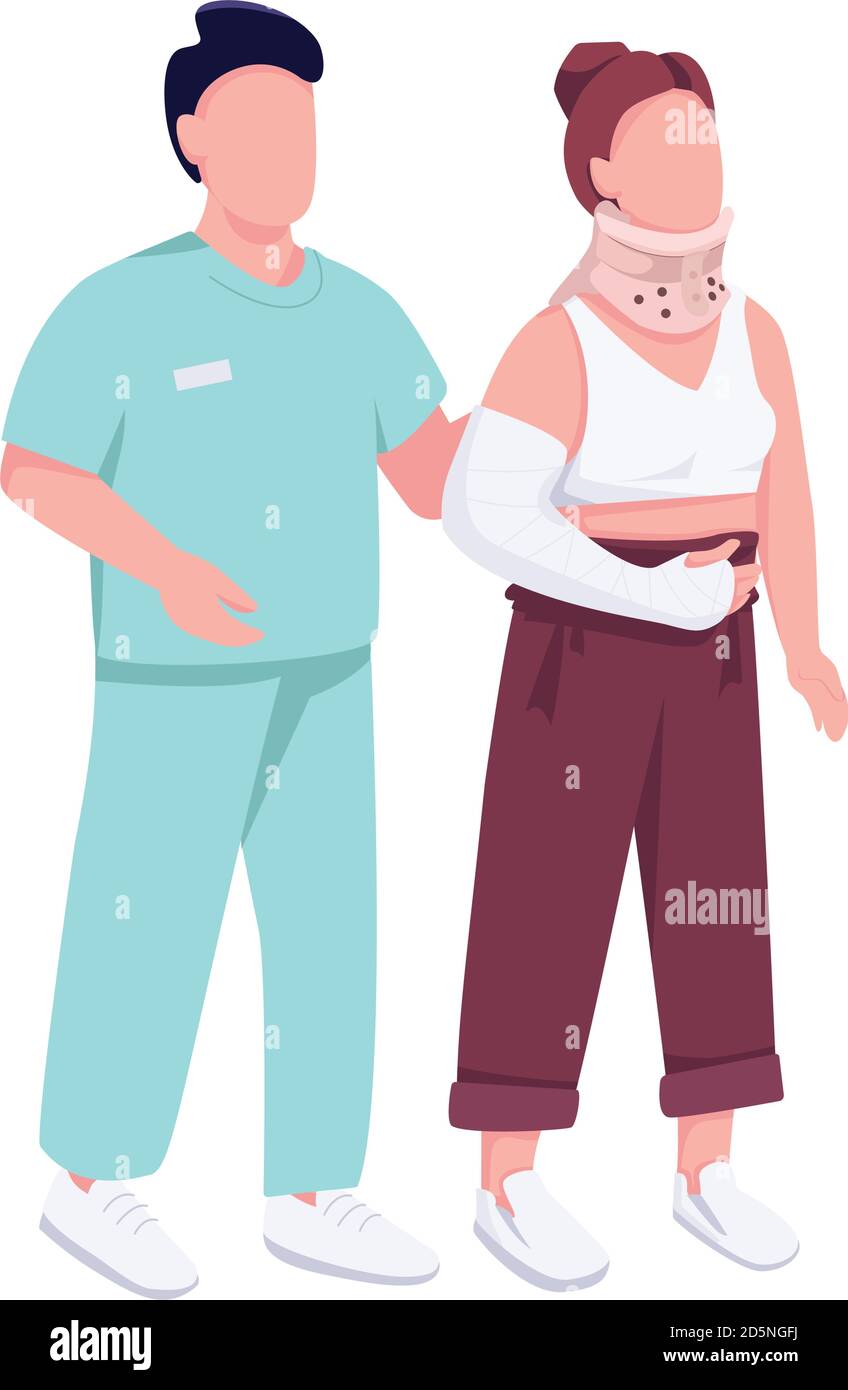 Hospital patient with broken hand and traumatologist flat color vector ...