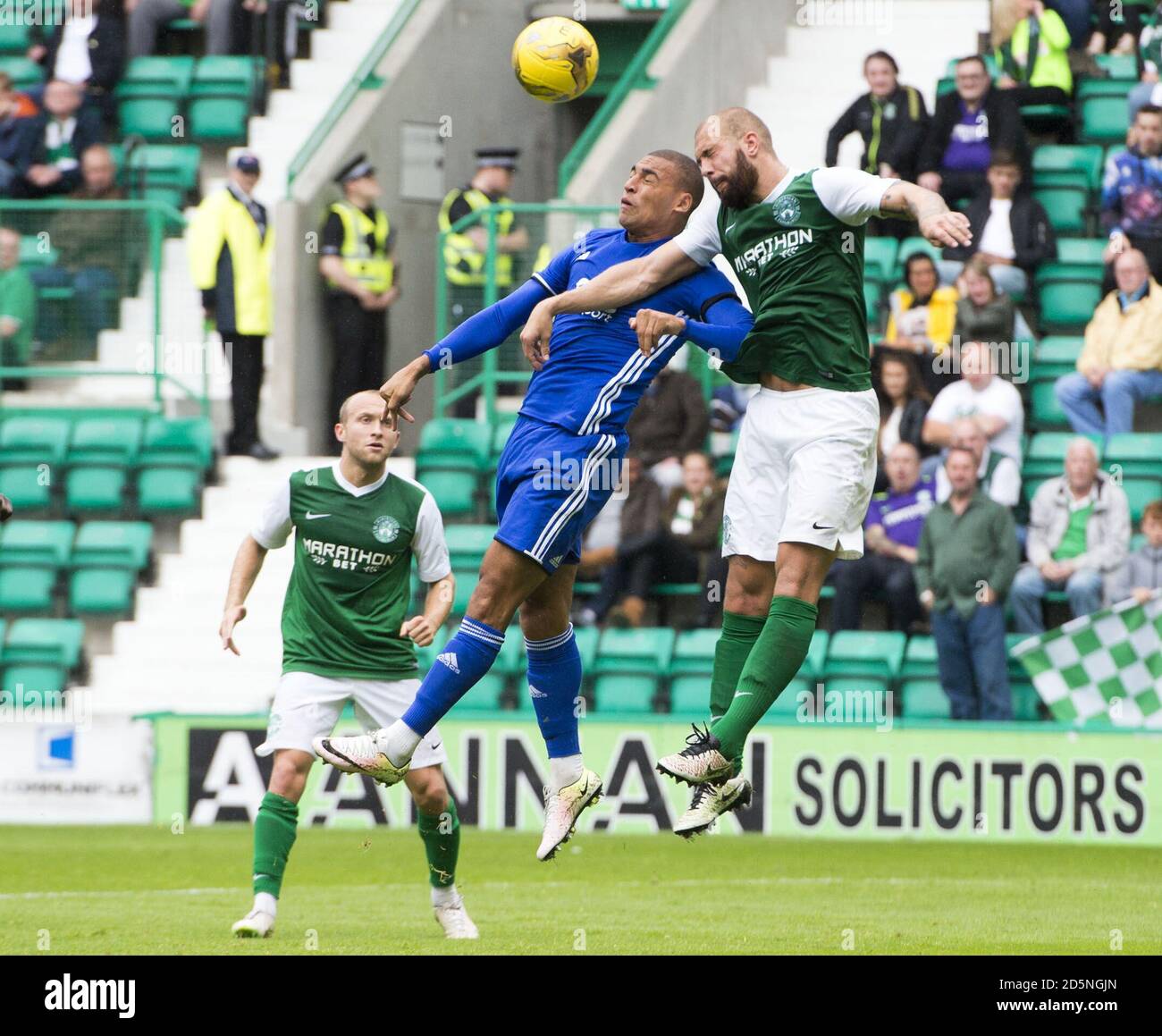 Hibernian's Jordan Foster and Birmingham City's James Vaughan (left ...
