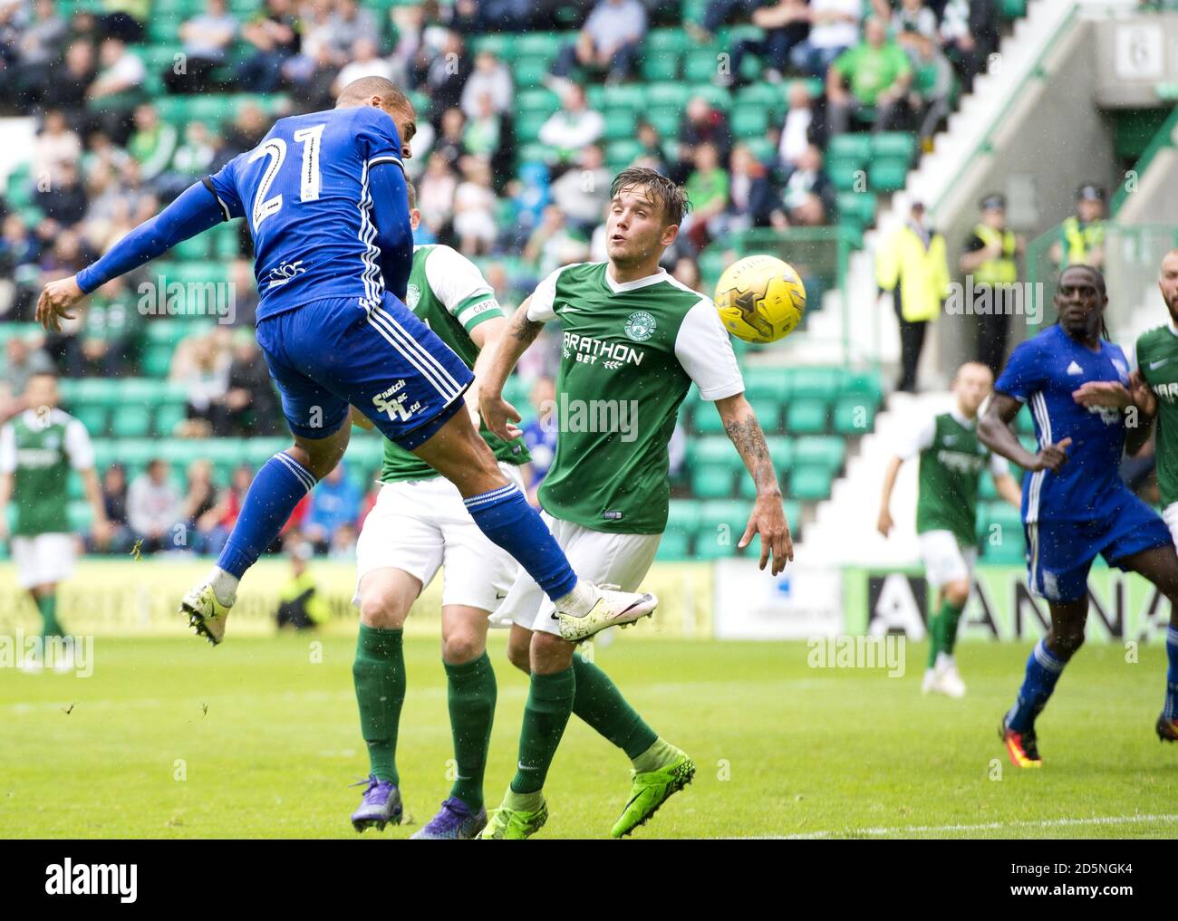 Hibernian's Callum Crane and Birmingham City's James Vaughan (left ... Hibernian's Callum Crane and Birmingham City's James Vaughan (left ...