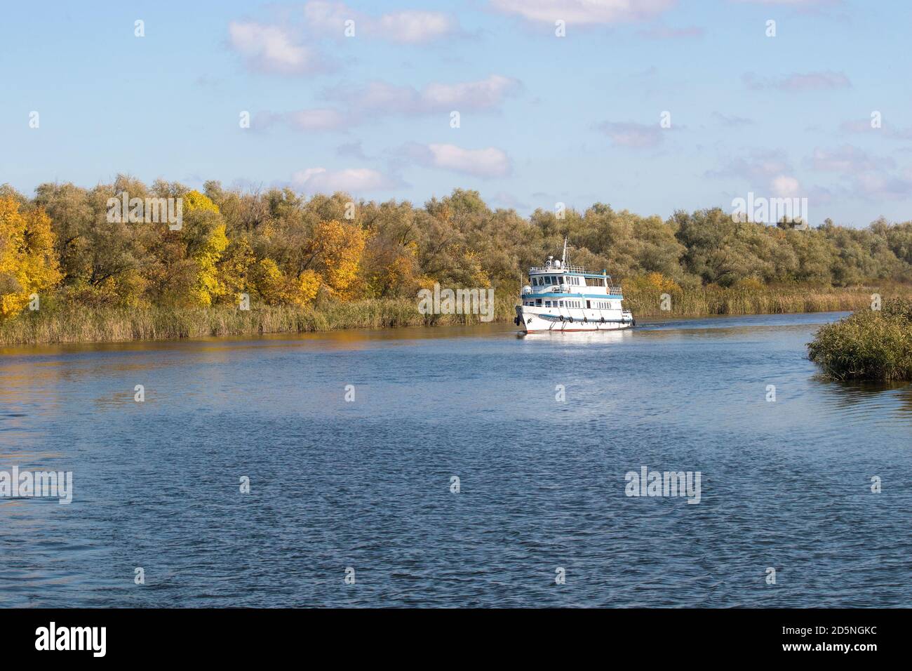 image of a little white steamboat walking along a large autumn river ...