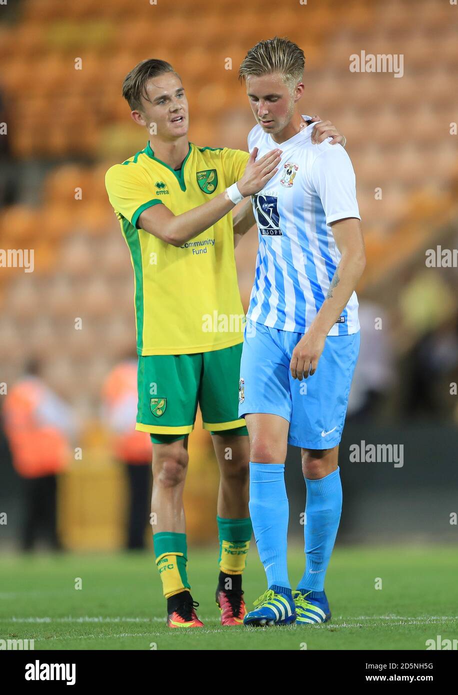 Norwich City's James Maddison greets Coventry City's Ben Stephenson ...