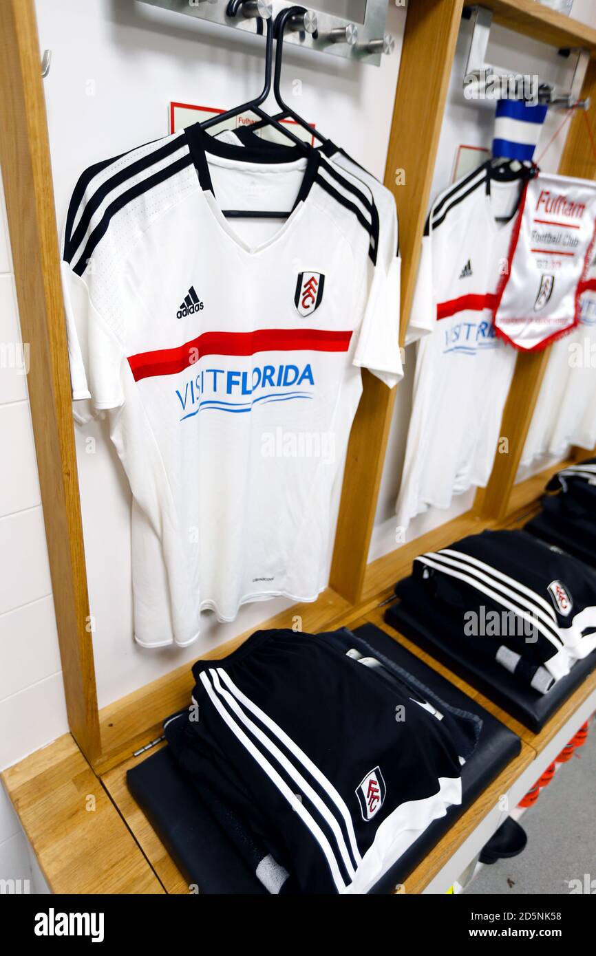 New Fulham shirts are hung up in the dressing room prior to the match ...