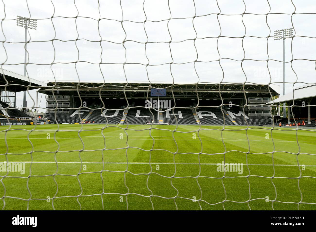 General view of the pitch at Craven Cottage seen from behind the goal ...