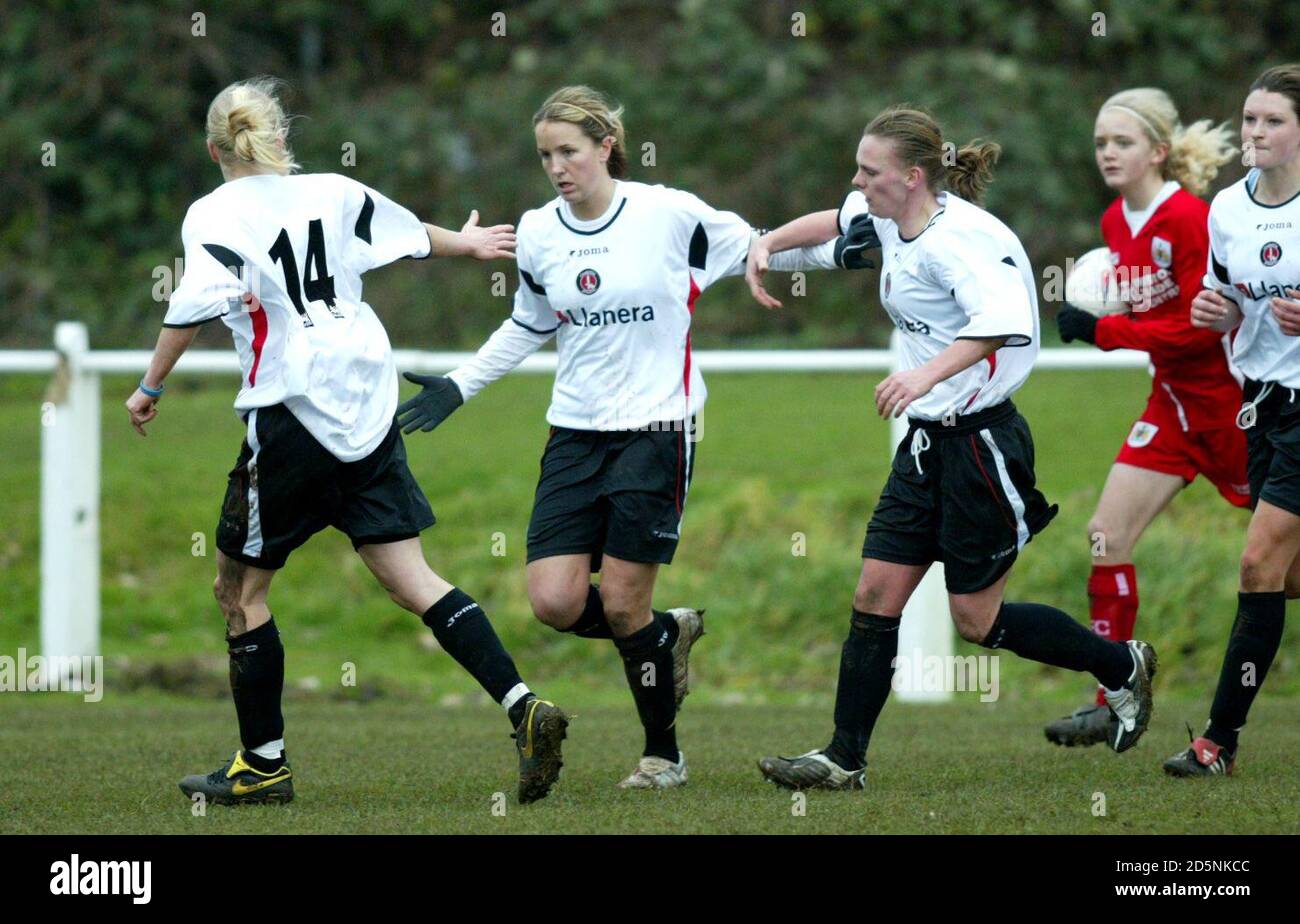 Casey Stoney celebrates her goal with (L) Sarah Snare and (R) Amanda ...