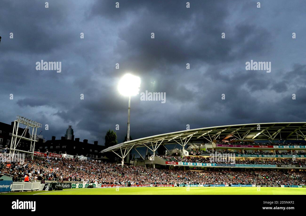 Dark skies over play at the Kia Oval Stock Photo - Alamy