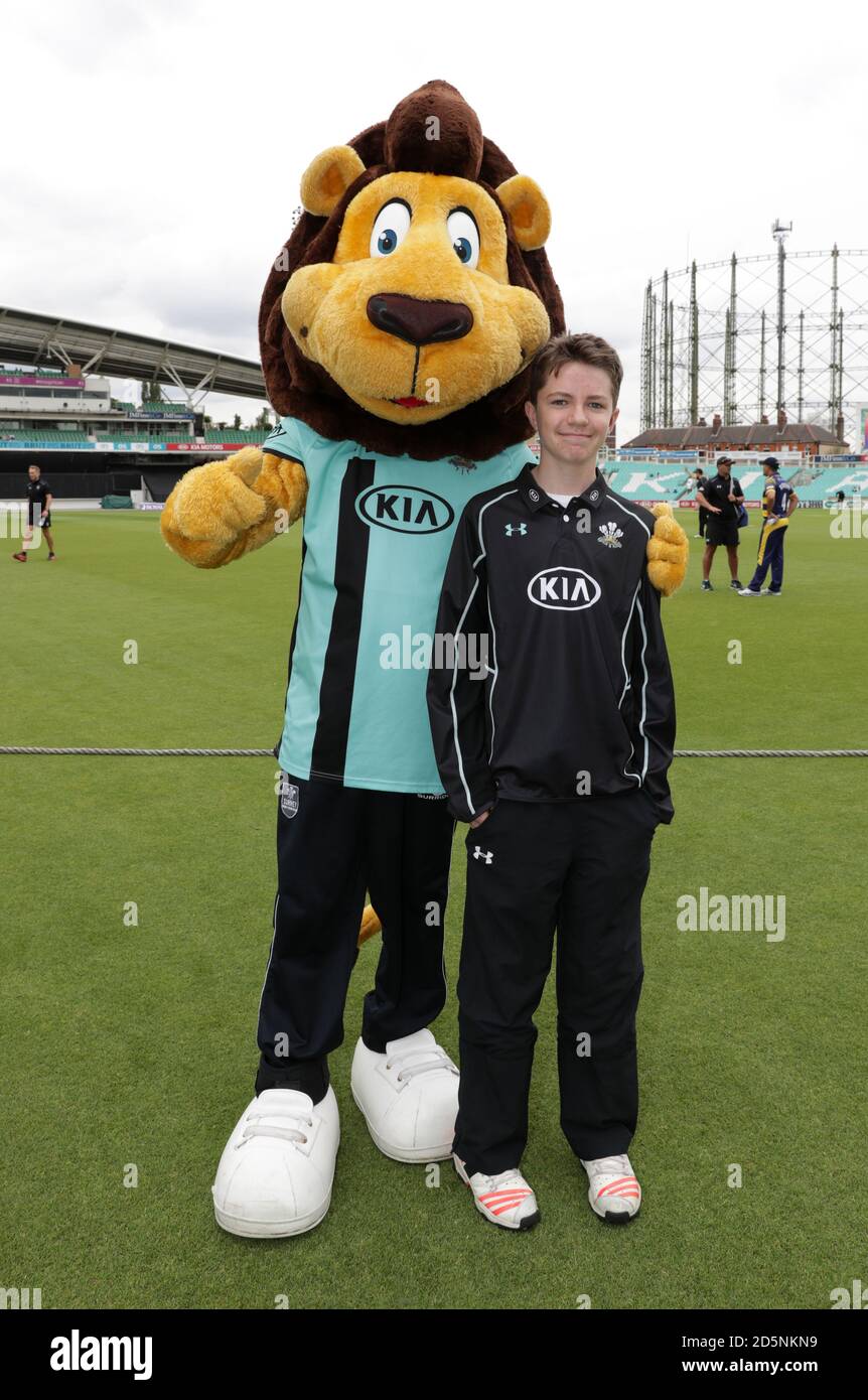 Surrey mascot Caesar the Lion poses with a young mascot prior to the ...