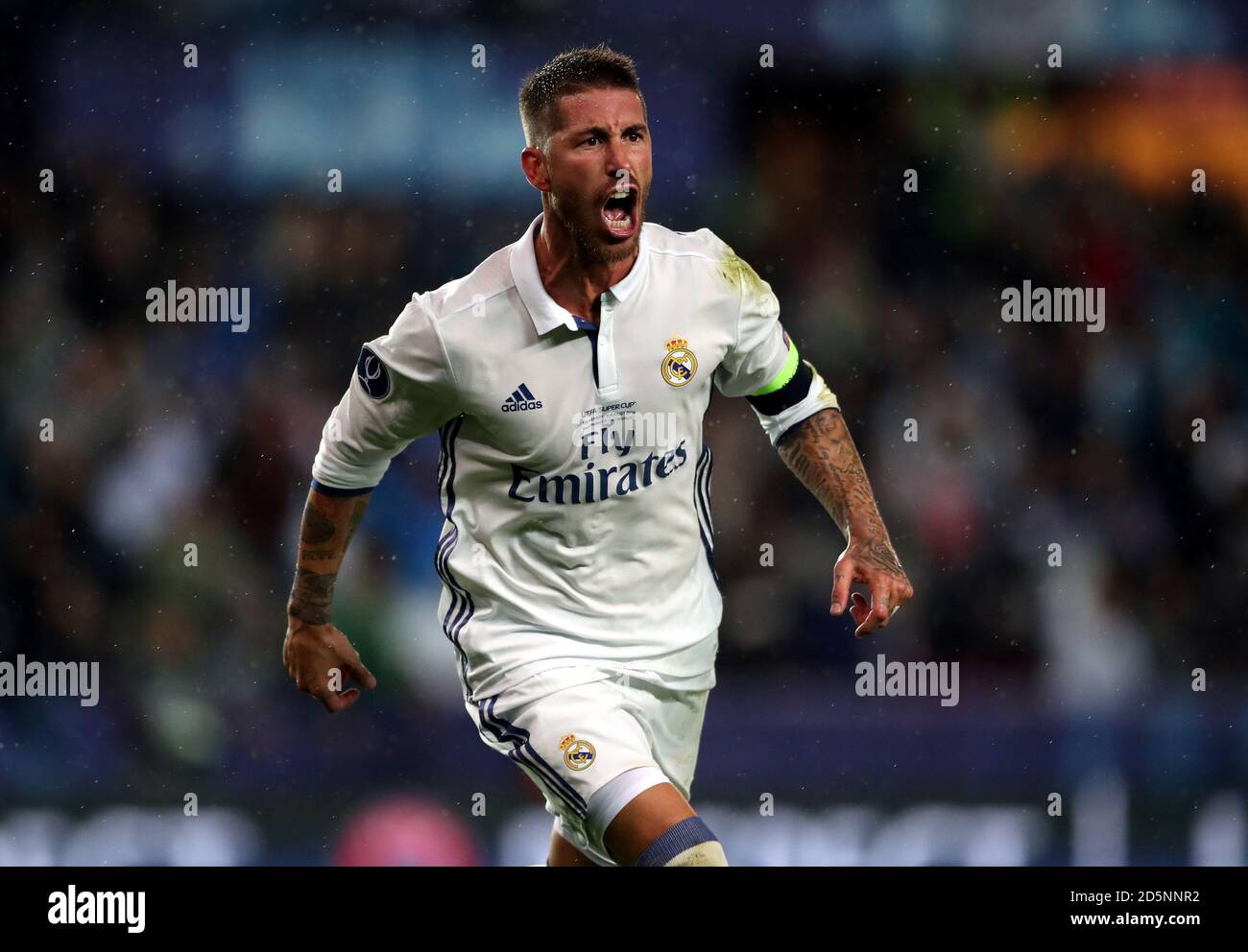 Real Madrid's Sergio Ramos celebrates scoring his side's second goal of ...