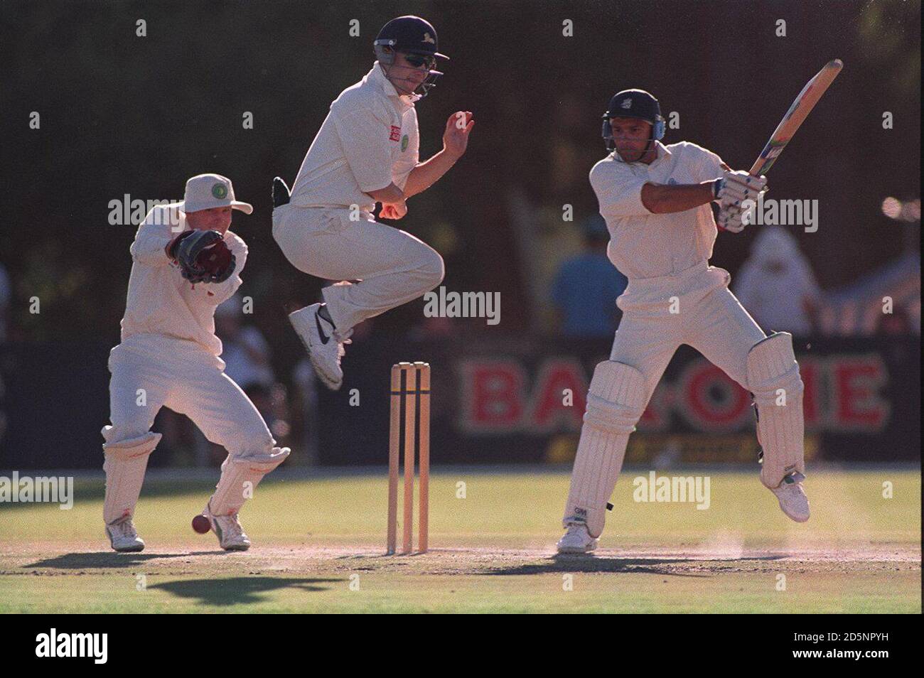 England's Mark Ramprakash (right) cuts the ball past South Africa's ...