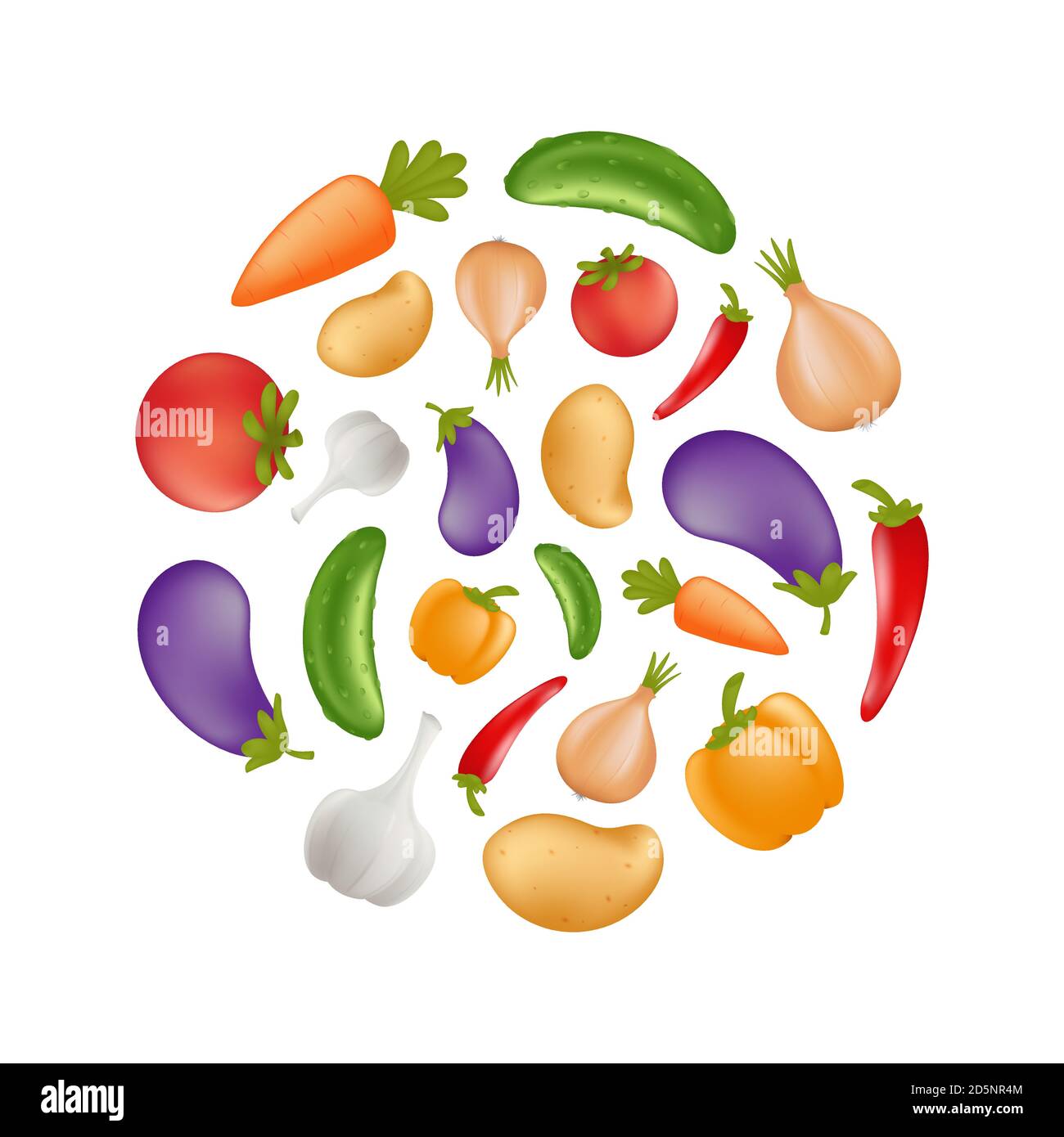 Vegetables icon set in a round shape - potato, carrot, cucumber, onion ...