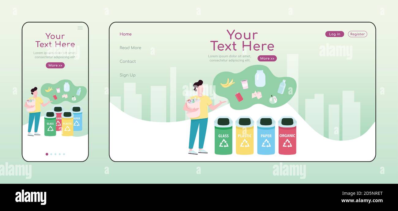 Trash sorting adaptive landing page flat color vector template Stock ...