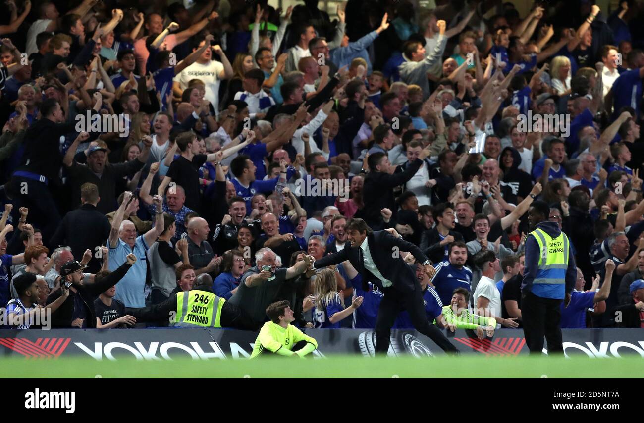 Chelsea manager Antonio Conte celebrates with the fans after Eden ...