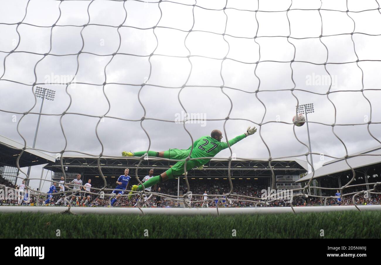 Fulham's goalkeeper David Button is beaten for Cardiff City's second ...