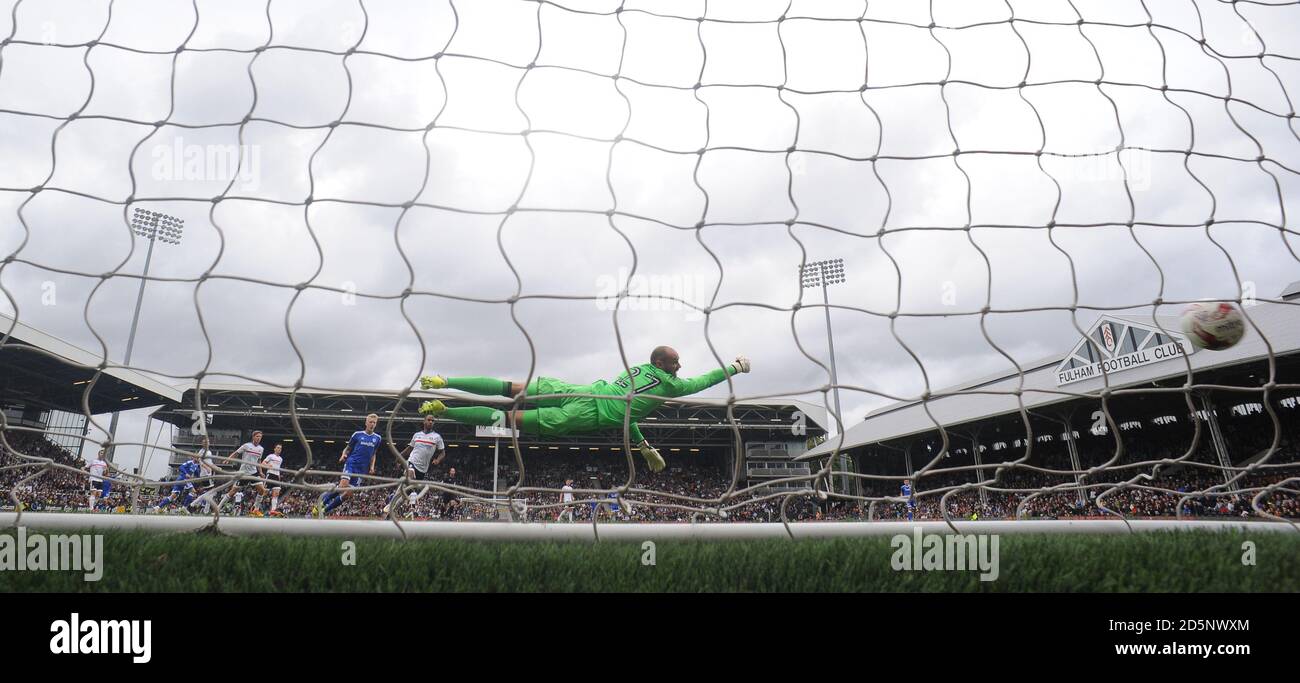Fulham's goalkeeper David Button is beaten for Cardiff City's second ...