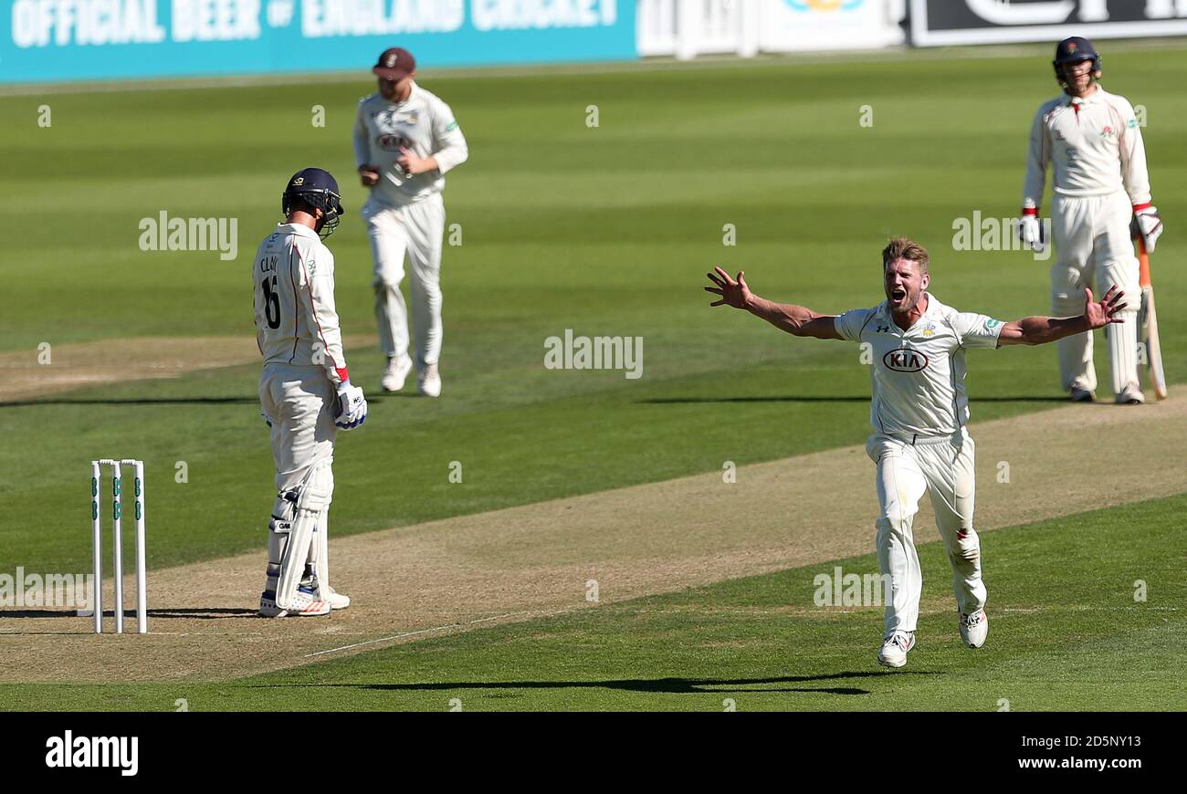 Surrey's bowler Stuart Meaker celebrates after Kumar Sangakkara (not in ...