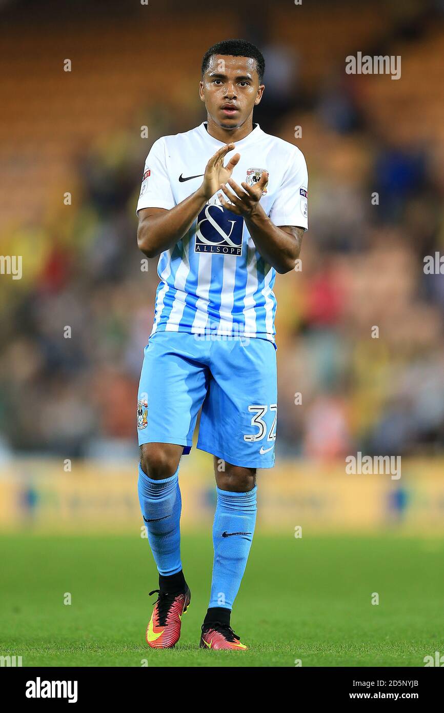 Coventry City's Kyle Spence acknowledges the travelling support Stock ...
