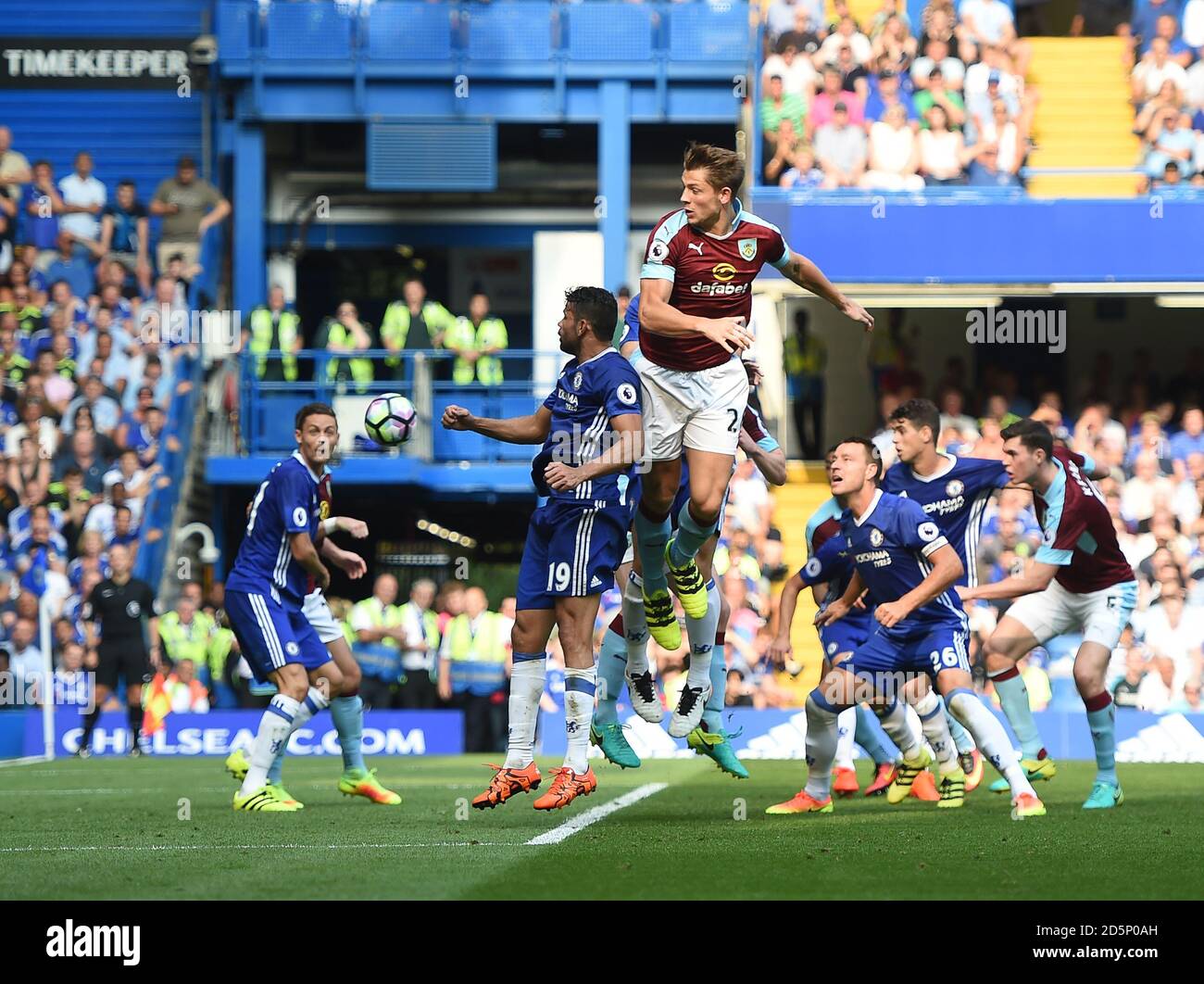 Burnley's James Tarkowski gets a header on goal Stock Photo - Alamy