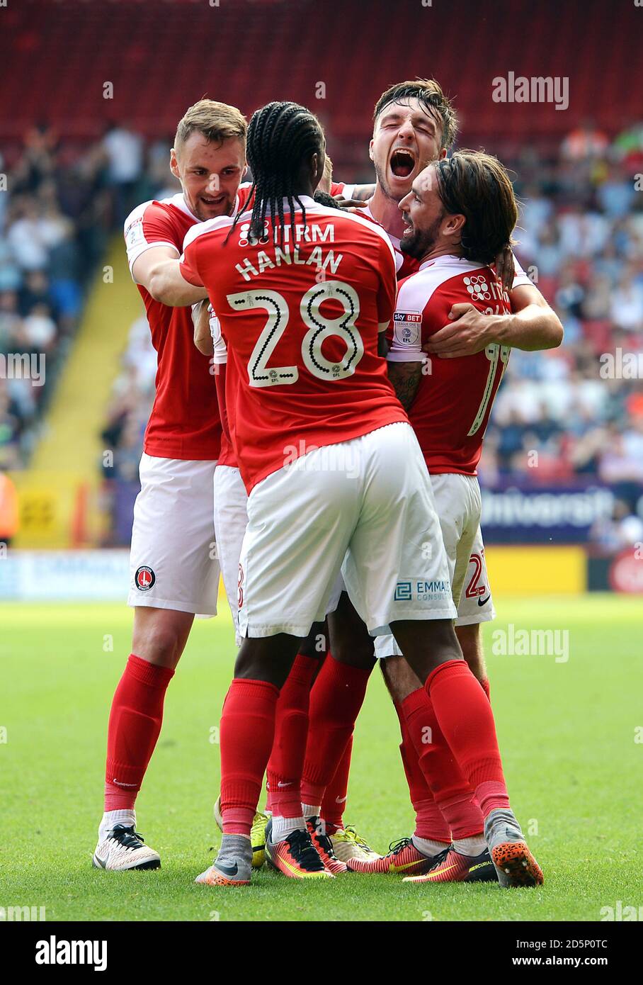 Charlton Athletic's Ademola Lookman (hidden) celebrates with his team ...