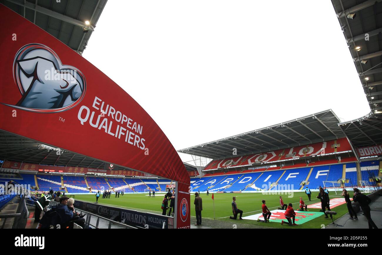 European Qualifiers signage inside the Cardiff City Stadium before the ...