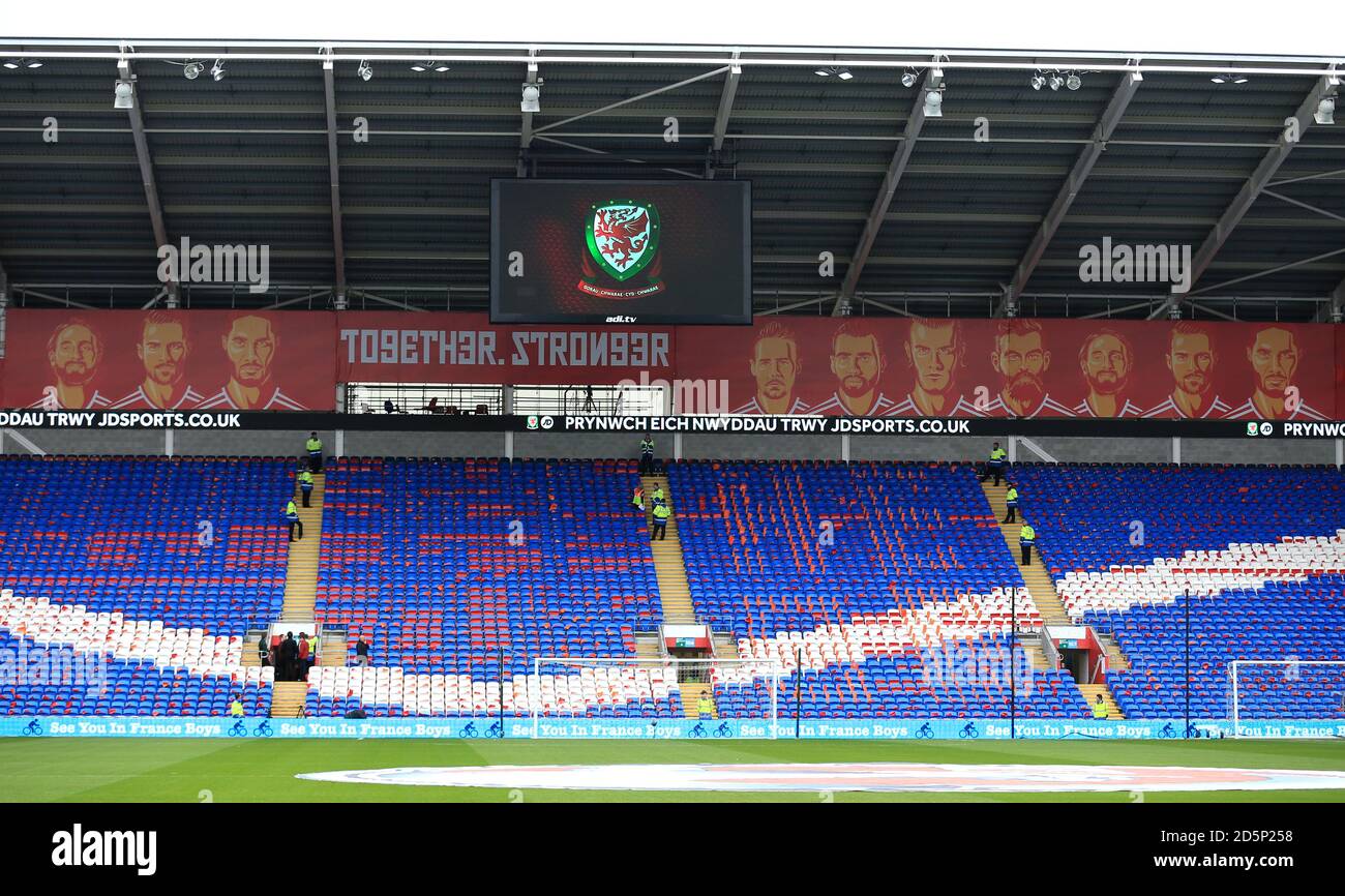 Signage inside the Cardiff City Stadium before the game between Wales ...