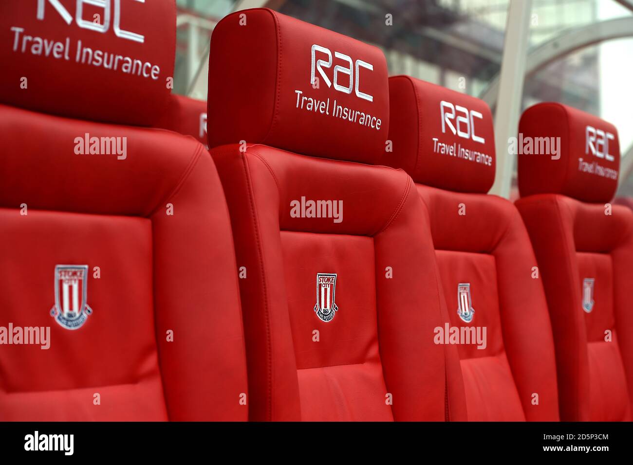 A general view of the Stoke City club badge on the substitute bench ...