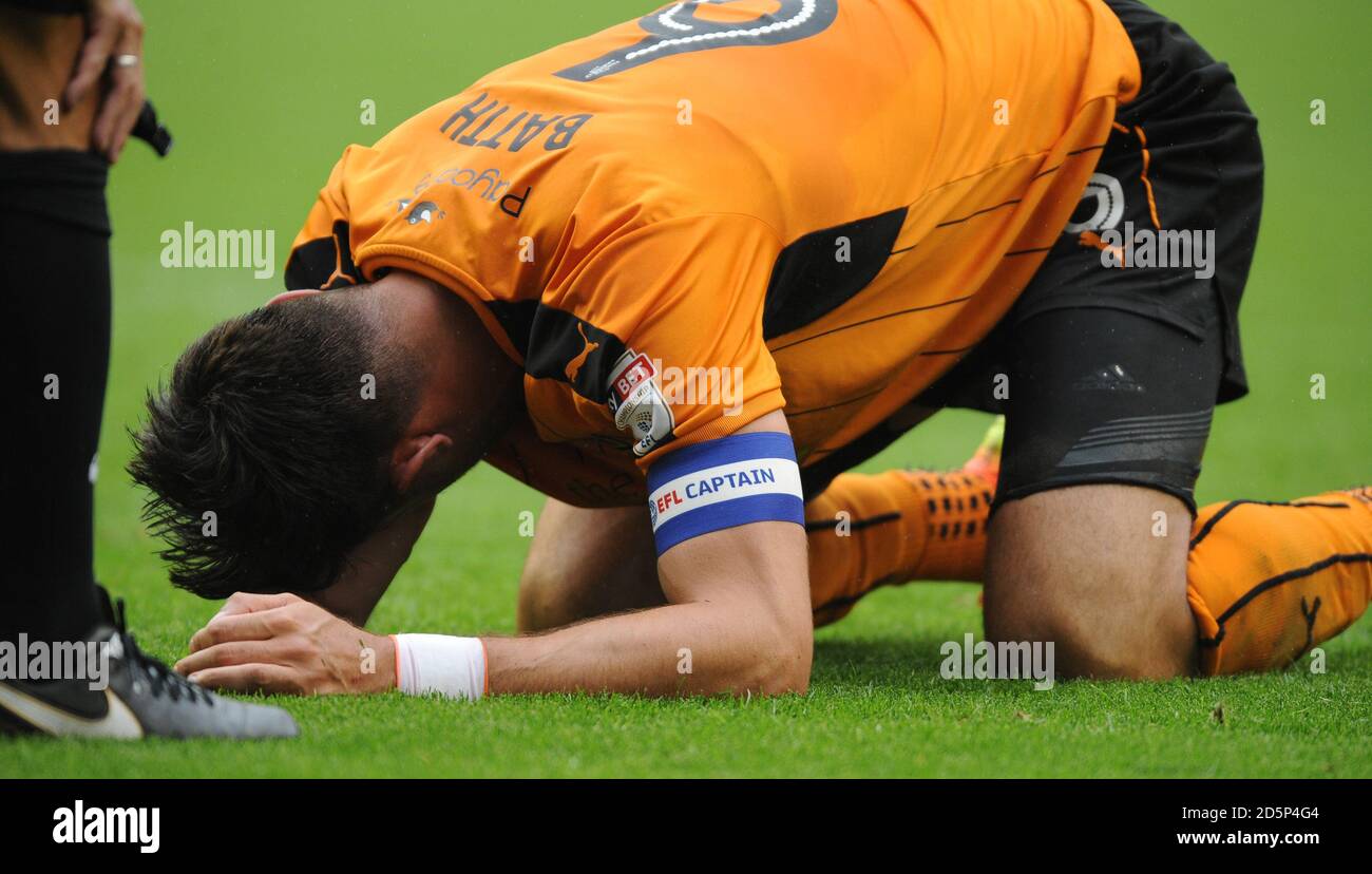 Detail of the captain's arm band of Wolverhampton Wanderers Danny Batth ...