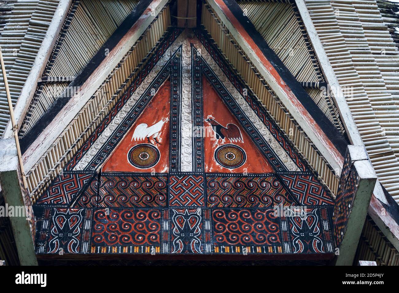 Horizontal close-up view of the colorful gable’s ornaments of a ...