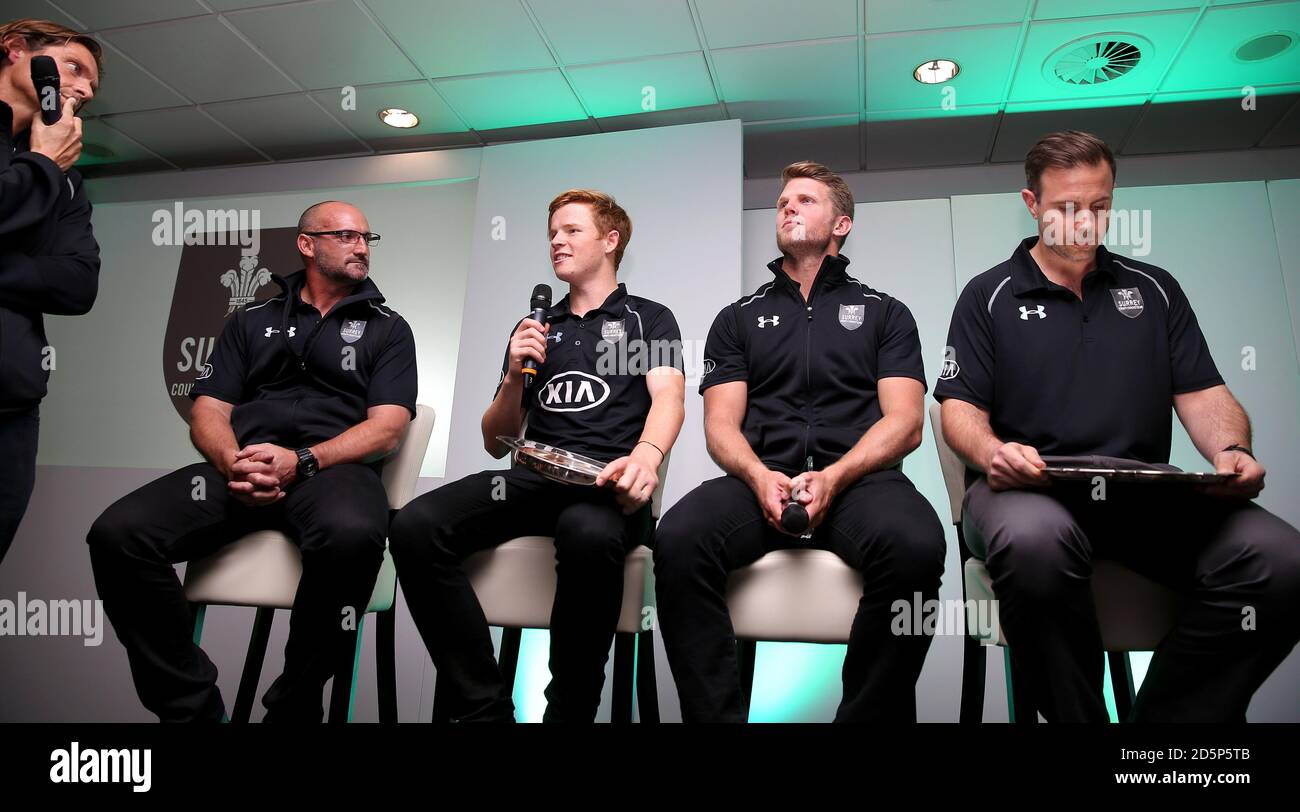 Surrey coach Michael Di Venuto, Ollie Pope, Stuart Meaker and head ...