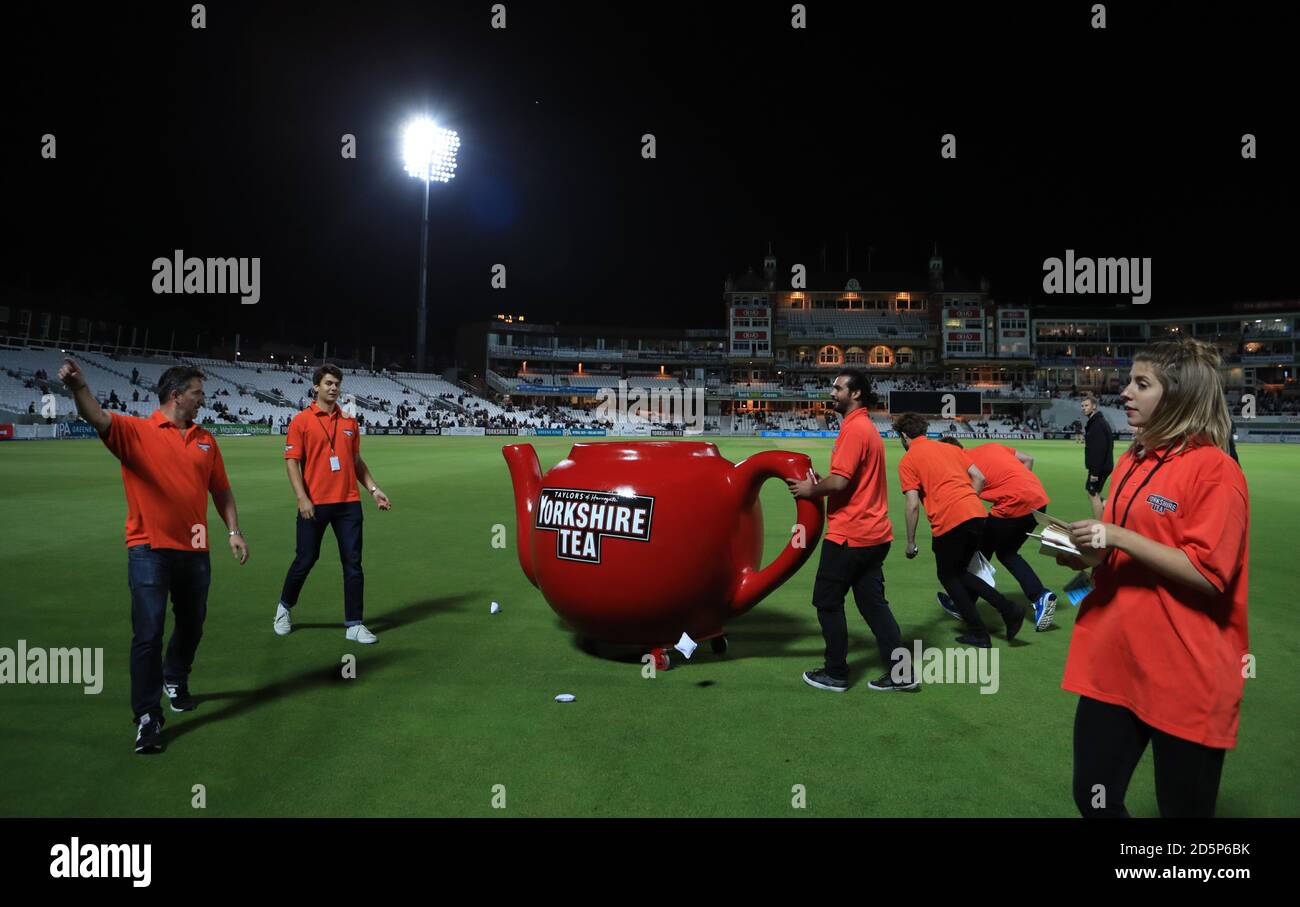 The giant Yorkshire Tea Cup is wheeled around the stadium as fans try ...