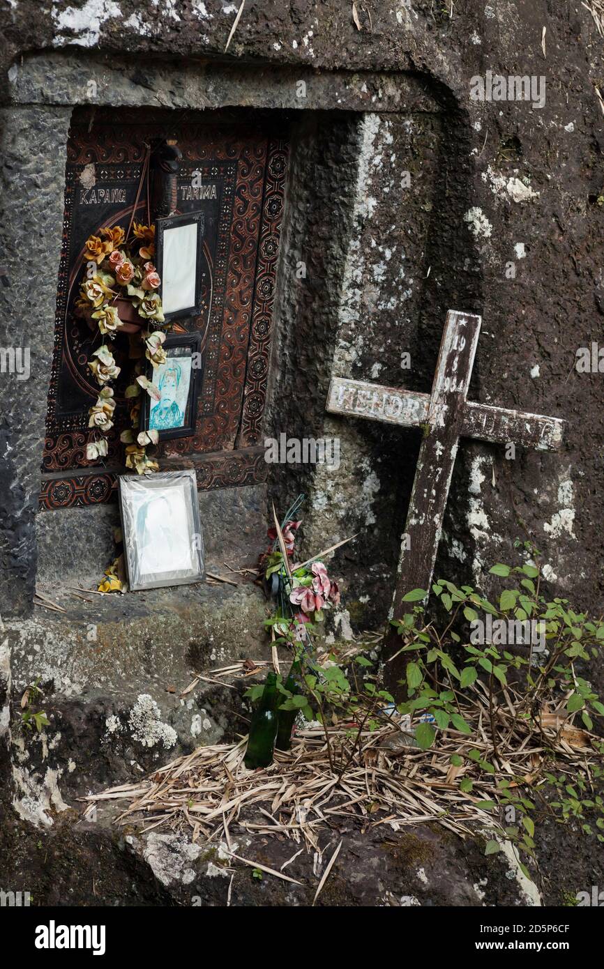 Vertical close-up view of a decorated Torajan stone tomb in Bori ...