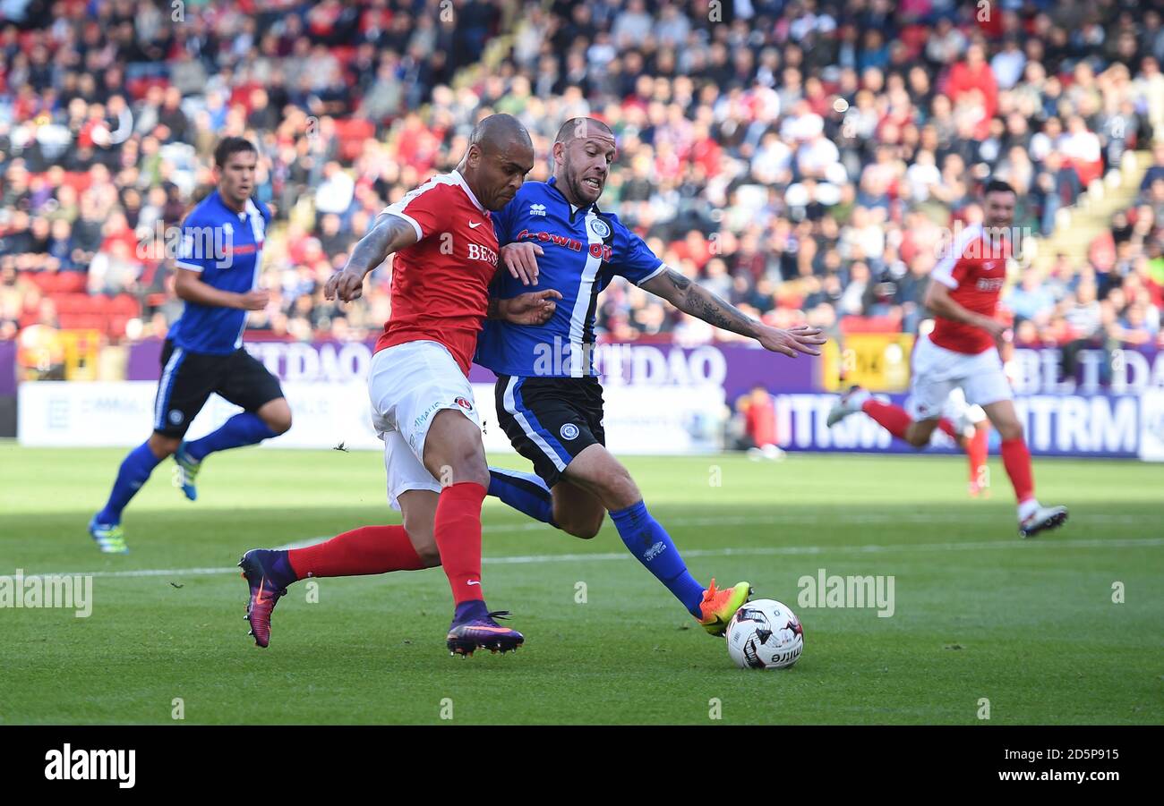 Charlton Athletic's Josh Magennis (left) and Rochdale's Keith Keane ...