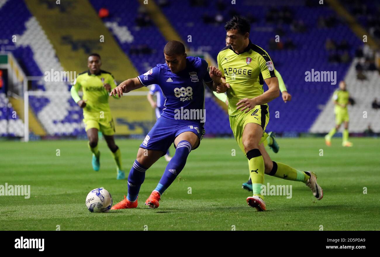 Birmingham City's Che Adams (left) and Rotherham United's Stephen Kelly ...