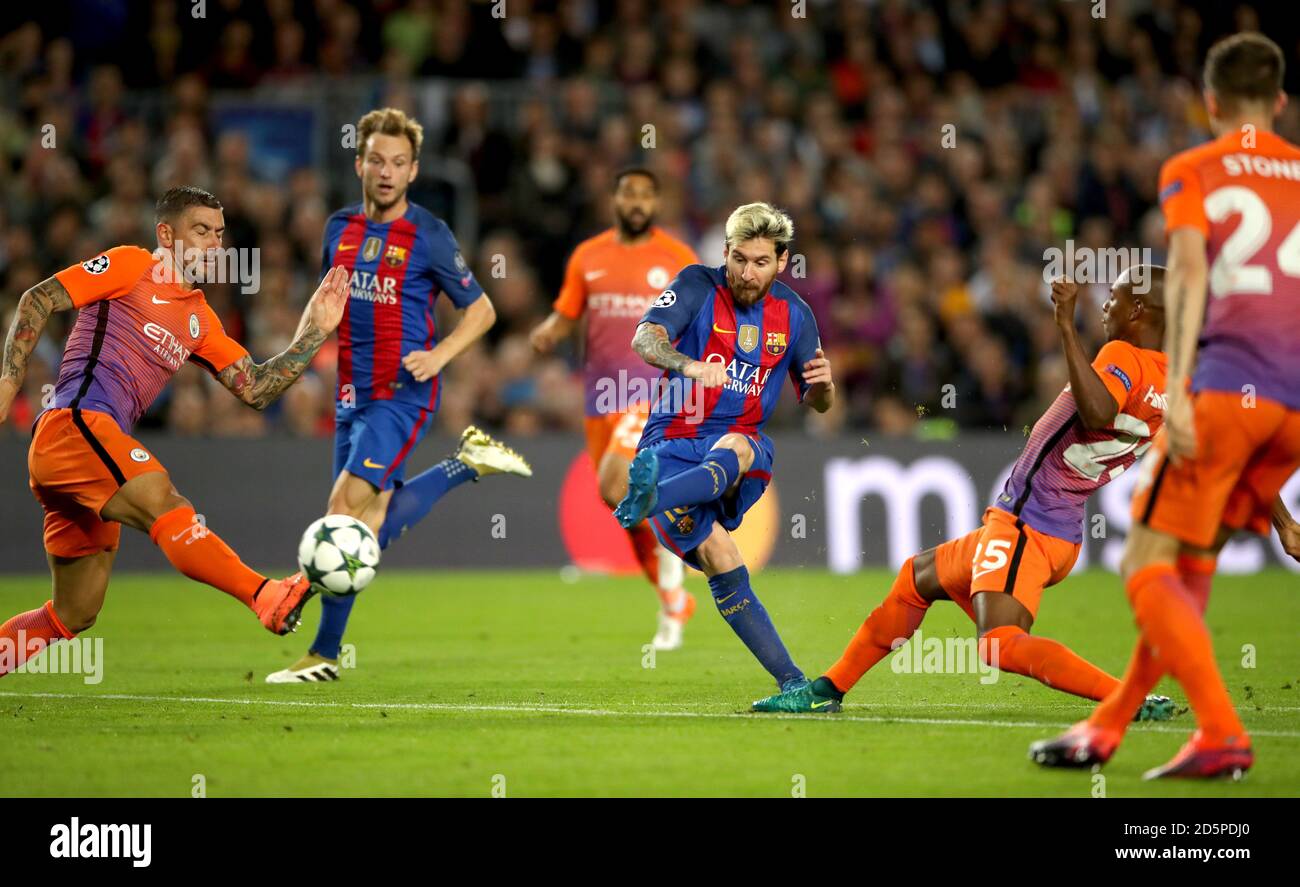 Barcelona's Lionel Messi scores his side's second goal of the game ...