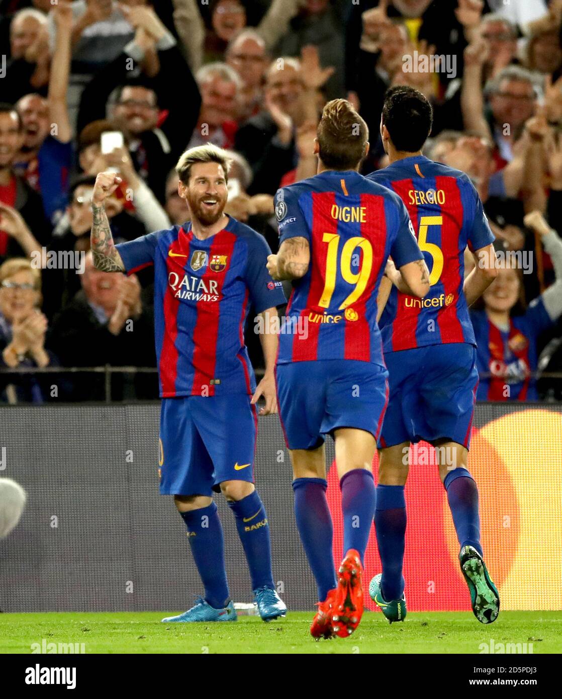 Barcelona's Lionel Messi (left) celebrates scoring his side's second ...