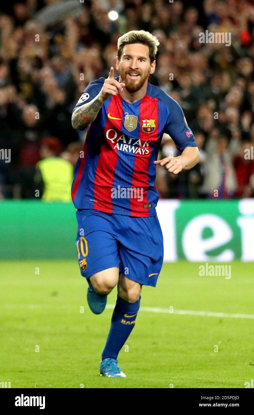 Barcelonas lionel messi scoring goal champions hi-res stock photography ...