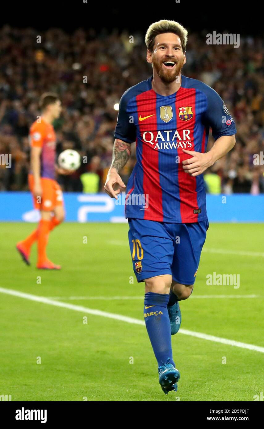 Barcelona's Lionel Messi celebrates scoring his side's third goal of ...