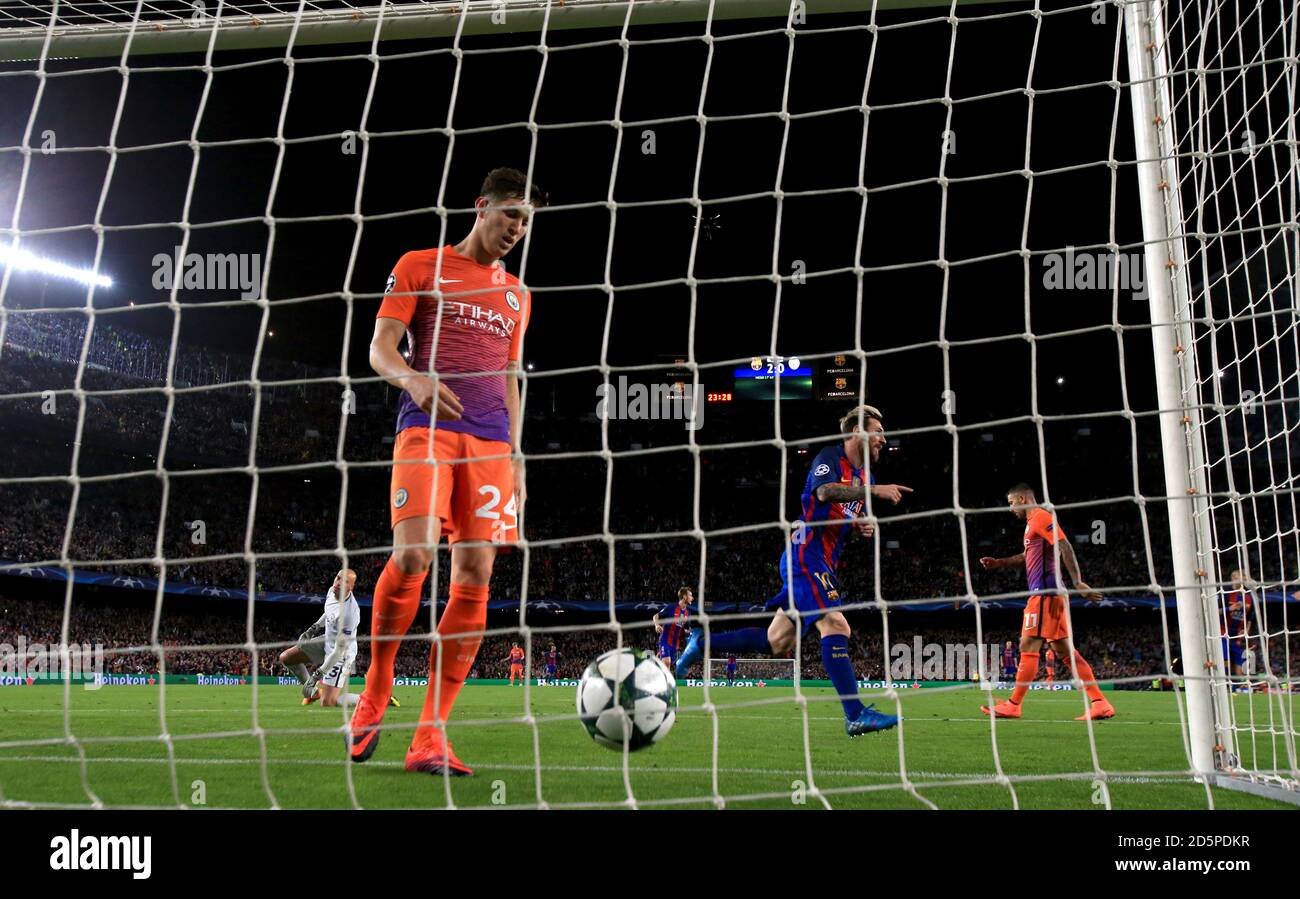 Barcelona's Lionel Messi celebrates scoring his side's third goal of ...