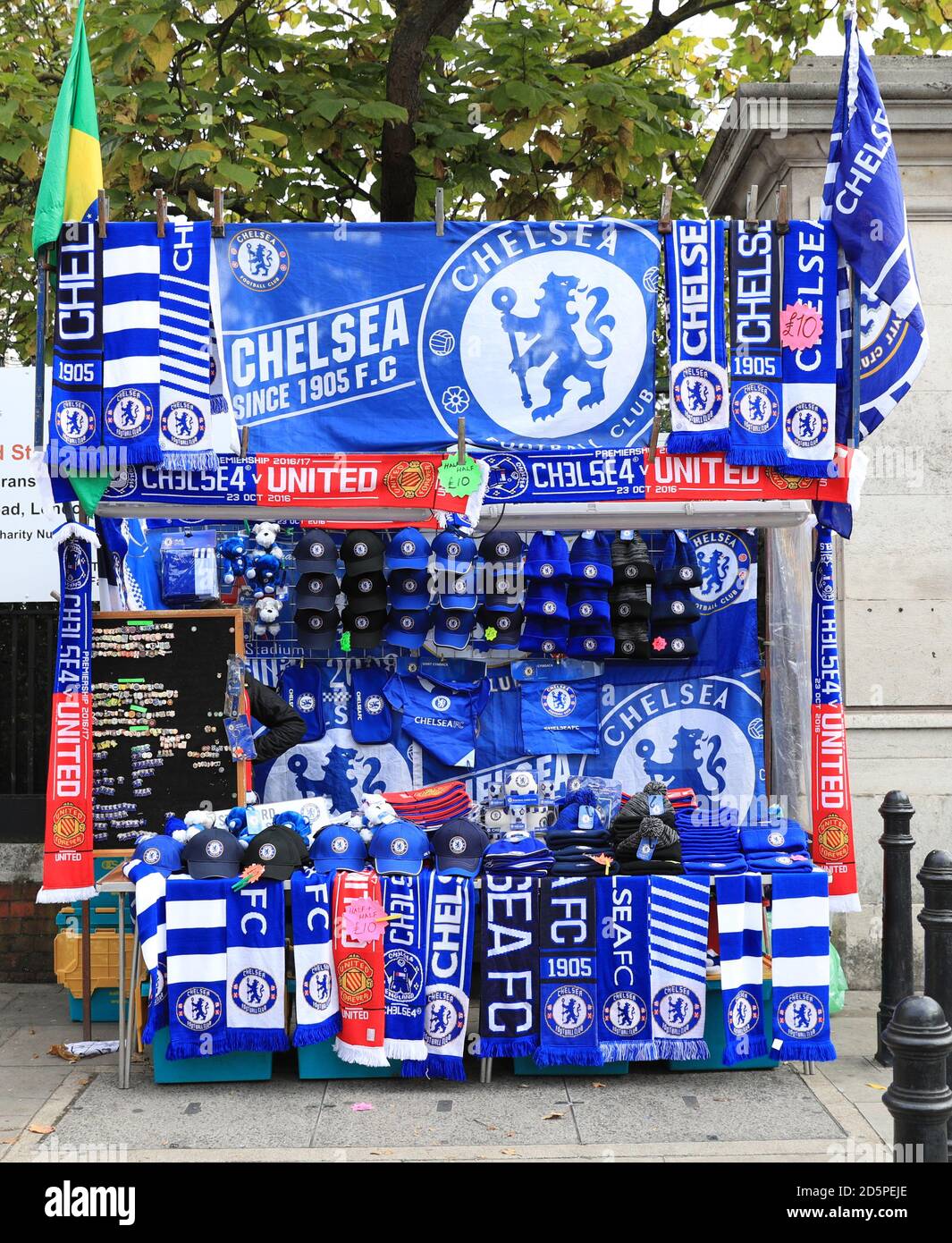 A Merchandise stall outside Stamford Bridge Stock Photo - Alamy