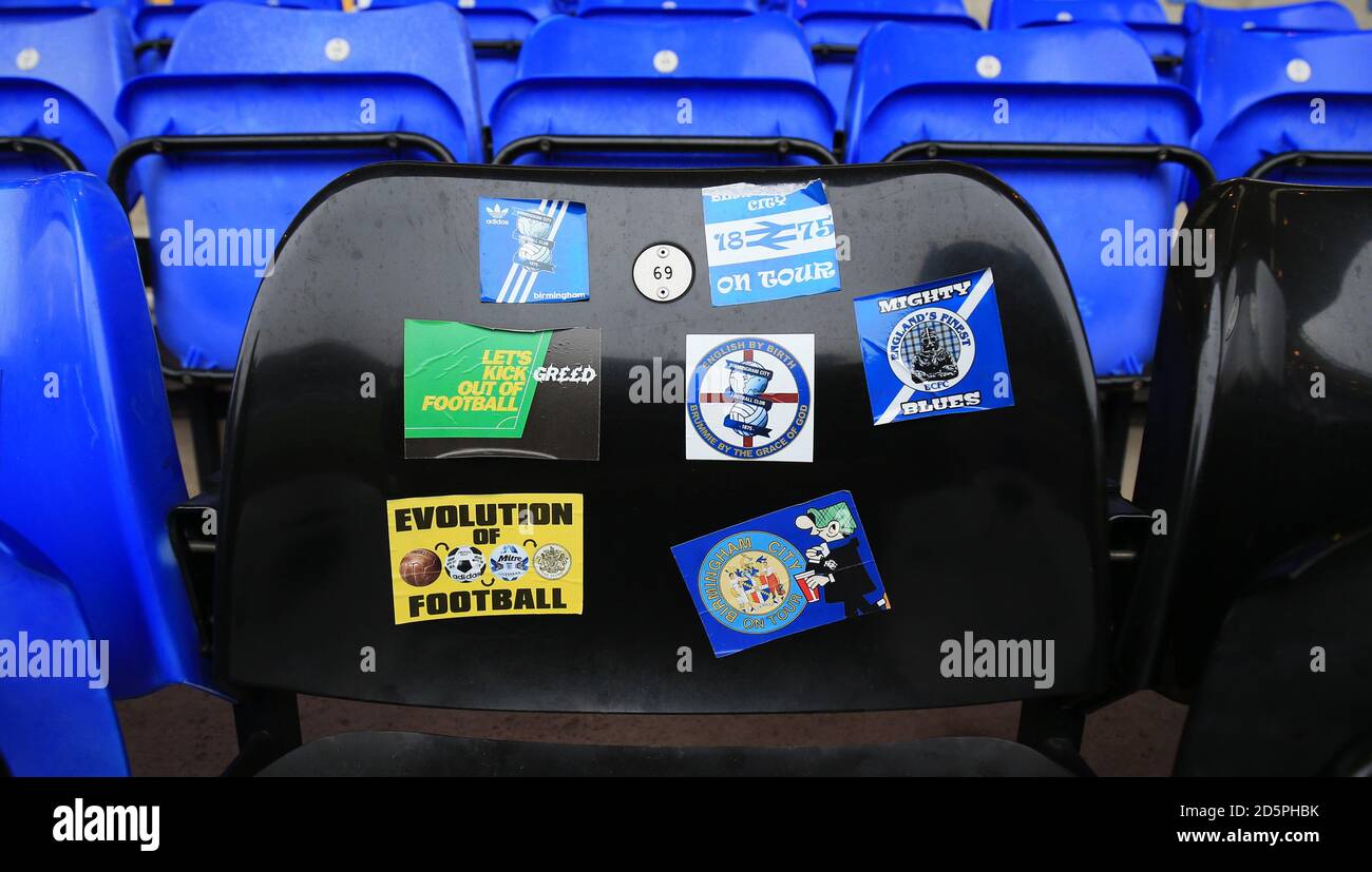 Birmingham City stickers on seats at St Andrews before the game against ...