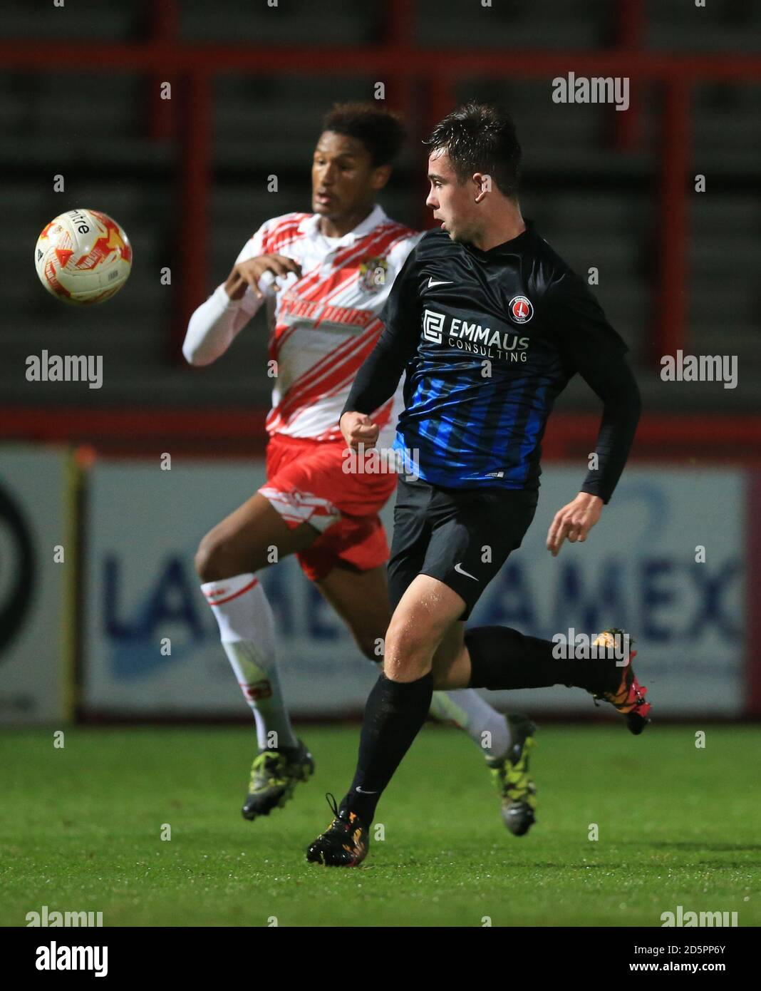 Stevenage's Ali Omar (left) and Charlton Athletic's Alex Willis battle ...
