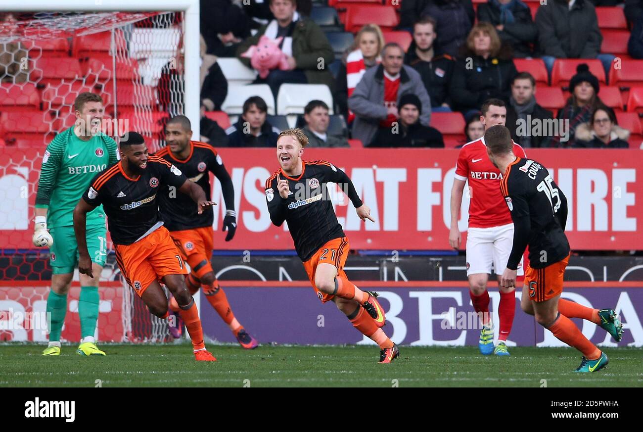 Sheffield United's Mark Duffy celebrates after scoring their first goal ...