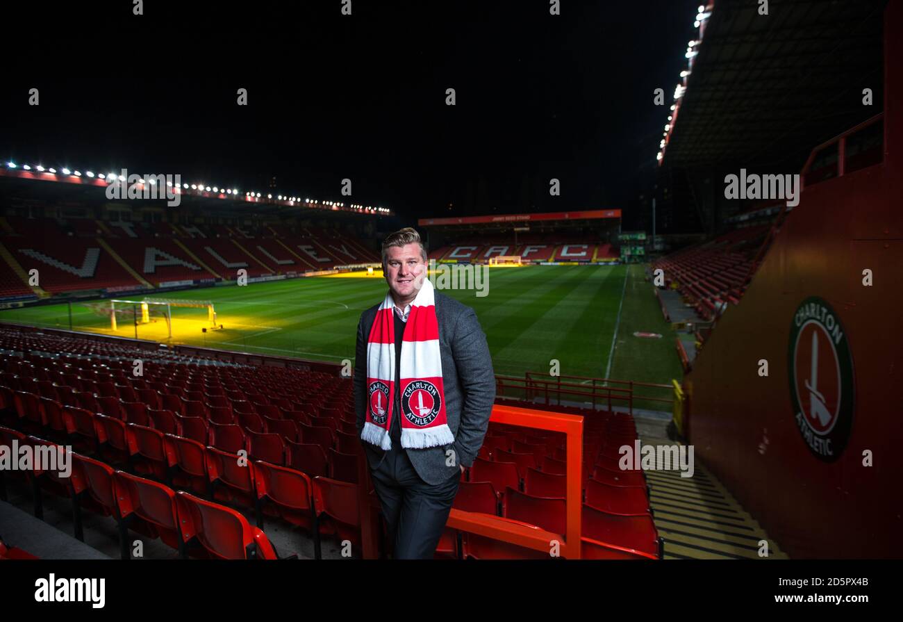Charlton Athletic's new manager Karl Robinson poses after his press ...