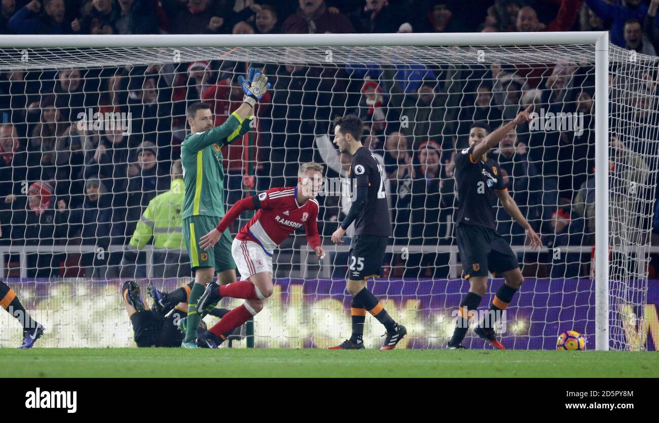 Middlesbrough's Viktor Fischer celebrates only to have his goal ruled ...