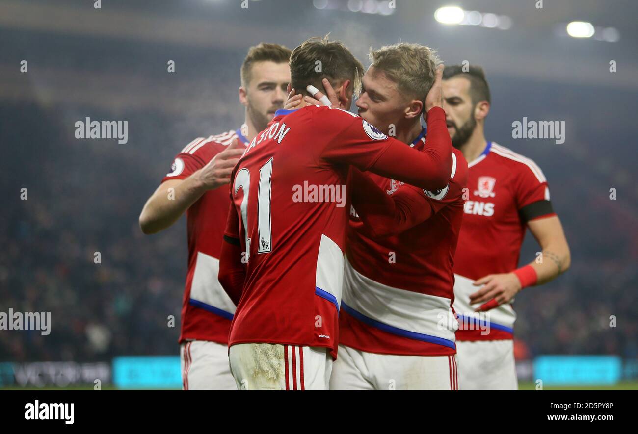 Middlesbrough's Viktor Fischer kisses Middlesbrough's Gaston Ramirez ...