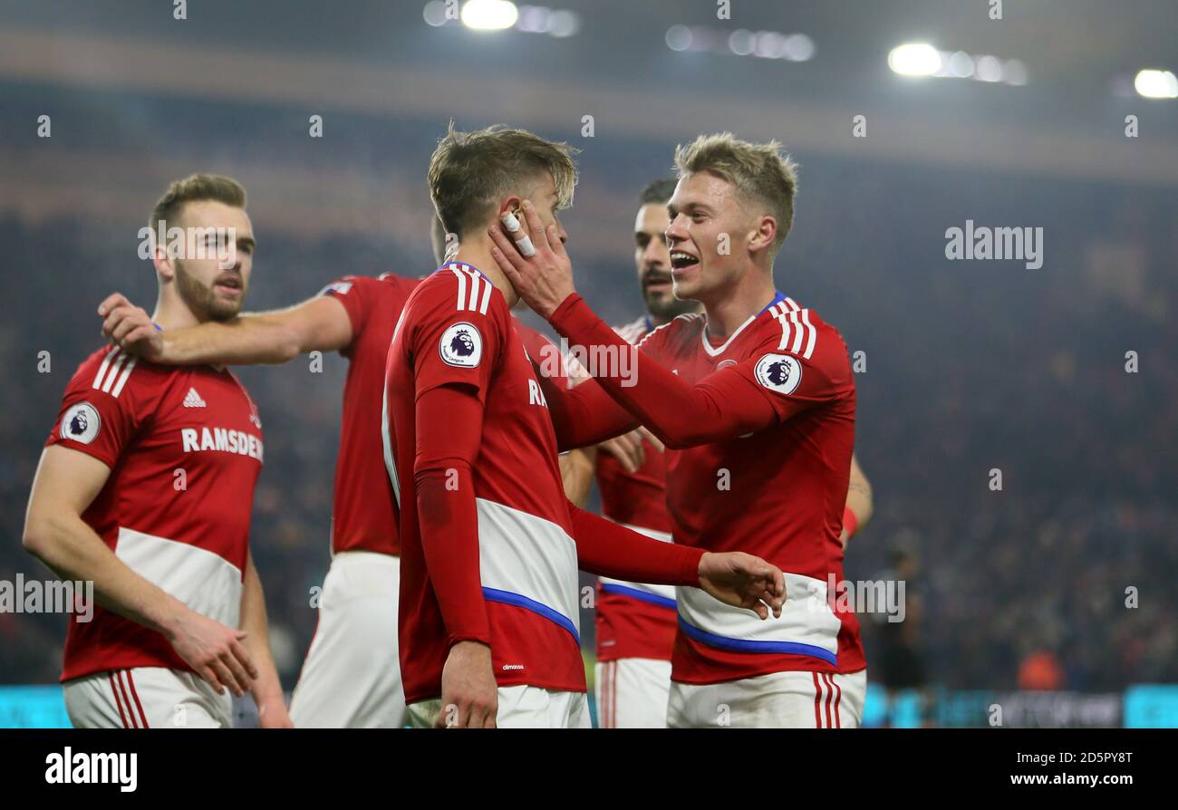 Middlesbrough's Viktor Fischer congratulates Middlesbrough's Gaston ...