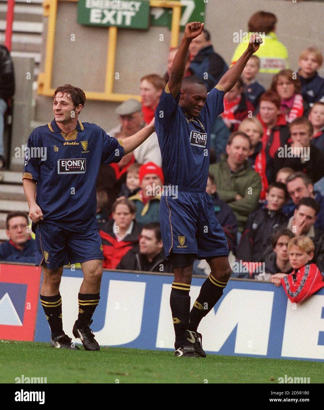 Marcus Gayle, Wimbledon (r) celebrates opening the scoring with ...